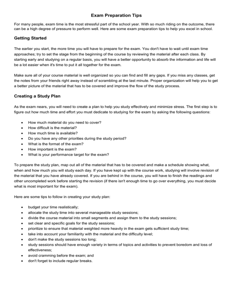 Exam Preparation Tips Exam Preparation Tips
