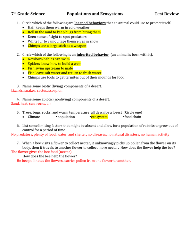 7 Grade Science Populations And Ecosystems Test Review 7 Grade Science Populations And Ecosystems Test Review