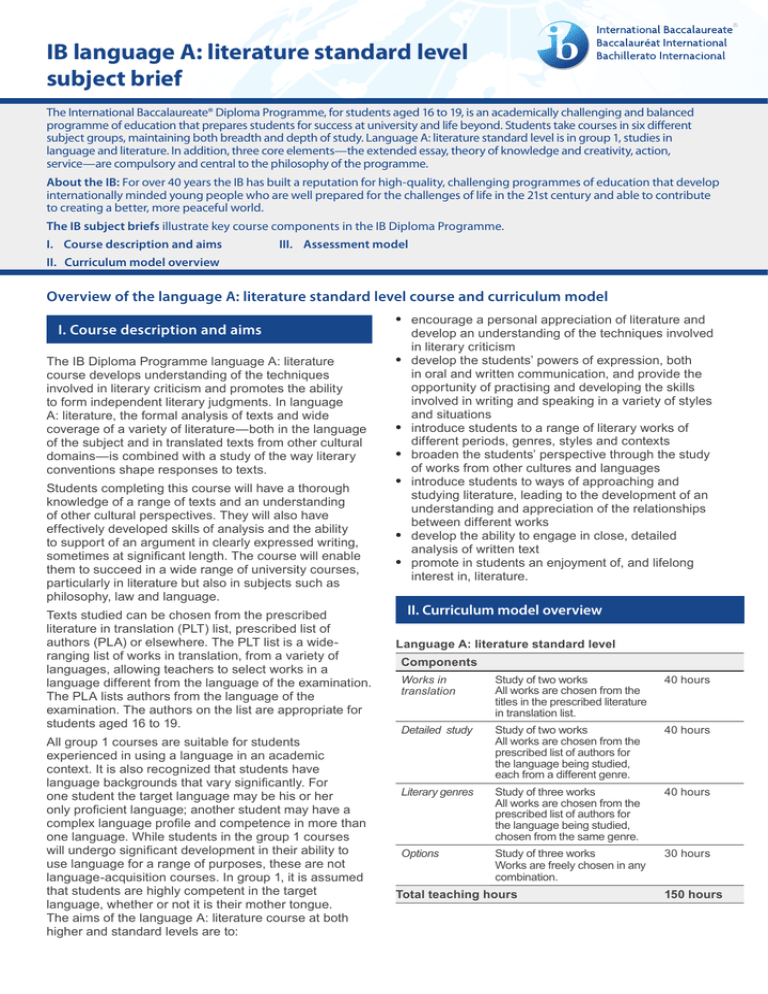 IB Language A Literature Standard Level Subject Brief