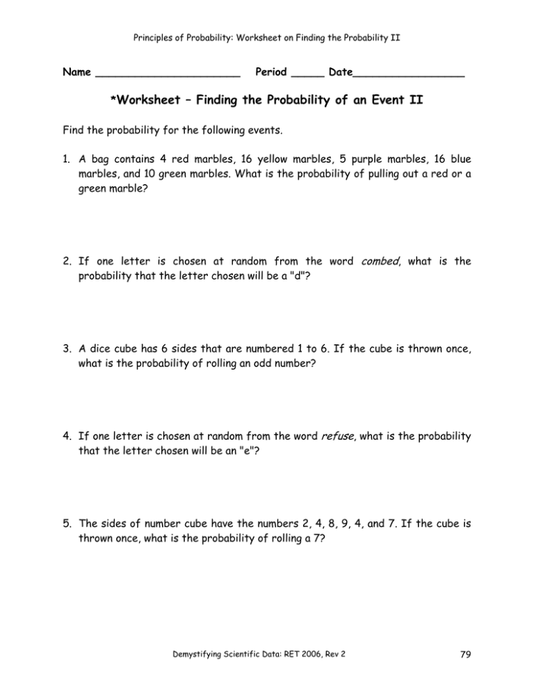 Worksheet Finding The Probability Of An Event II
