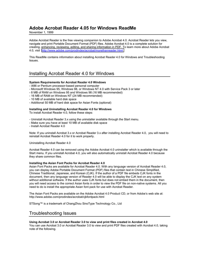 Adobe Acrobat Reader 4 05 For Windows ReadMe