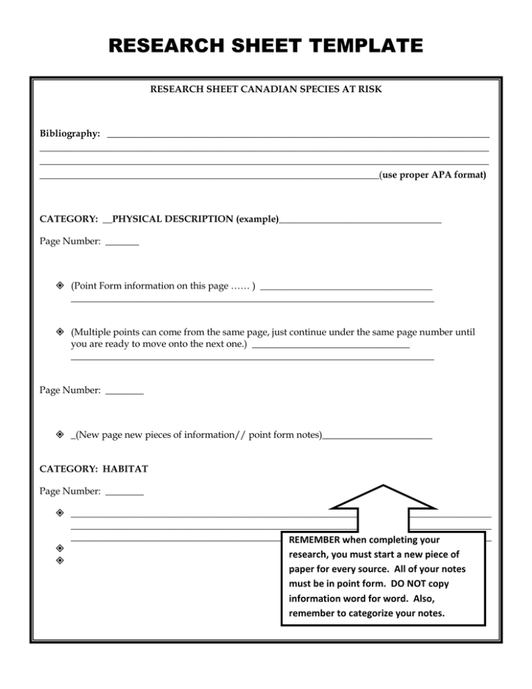 RESEARCH SHEET TEMPLATE