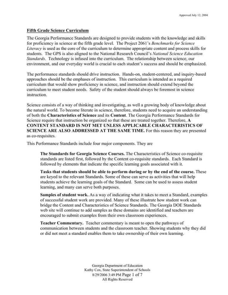 Fifth Grade Science Curriculum Benchmarks For Science Fifth Grade Science Curriculum Benchmarks For Science
