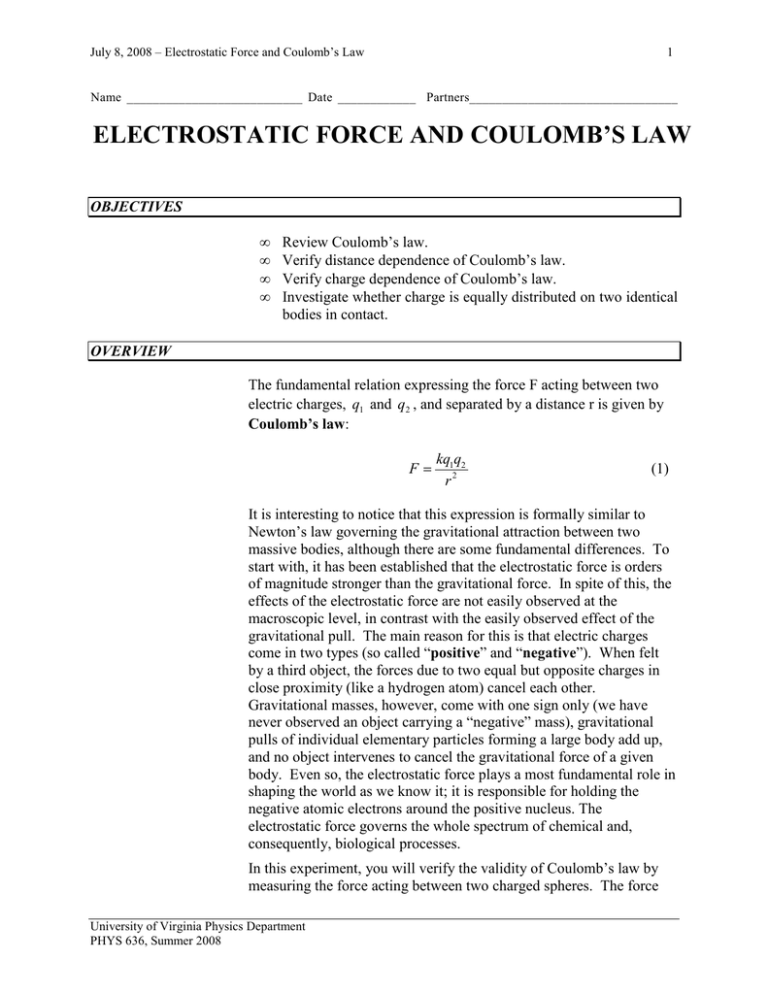 ELECTROSTATIC FORCE AND COULOMB’S LAW