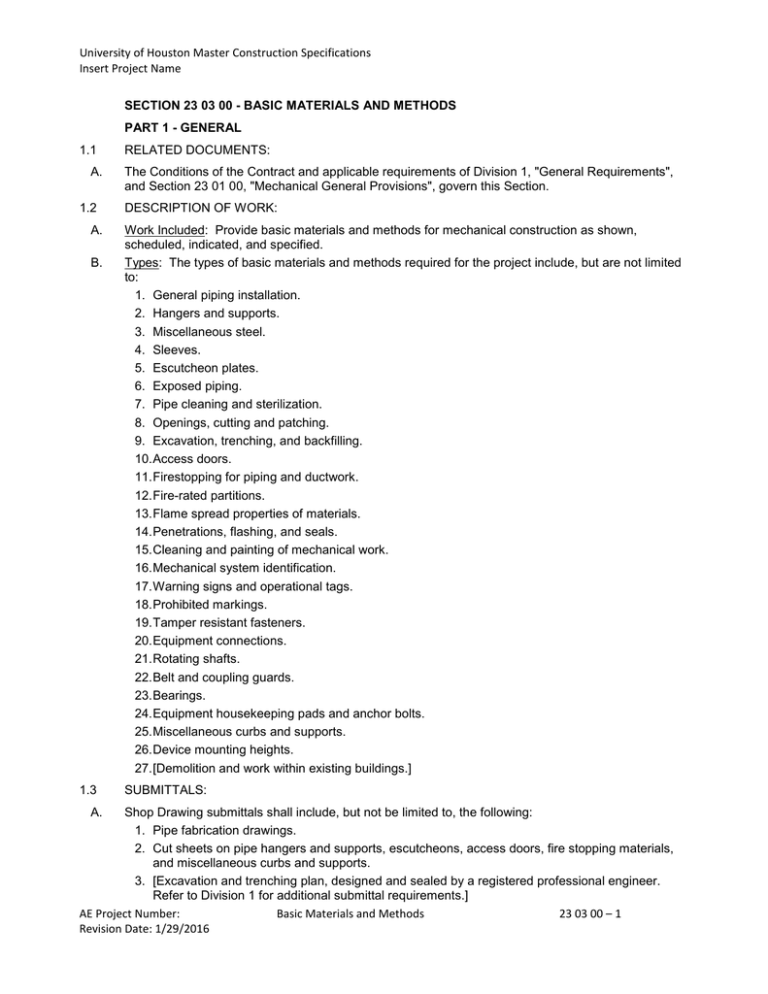 University Of Houston Master Construction Specifications Insert Project University Of Houston Master Construction Specifications Insert Project