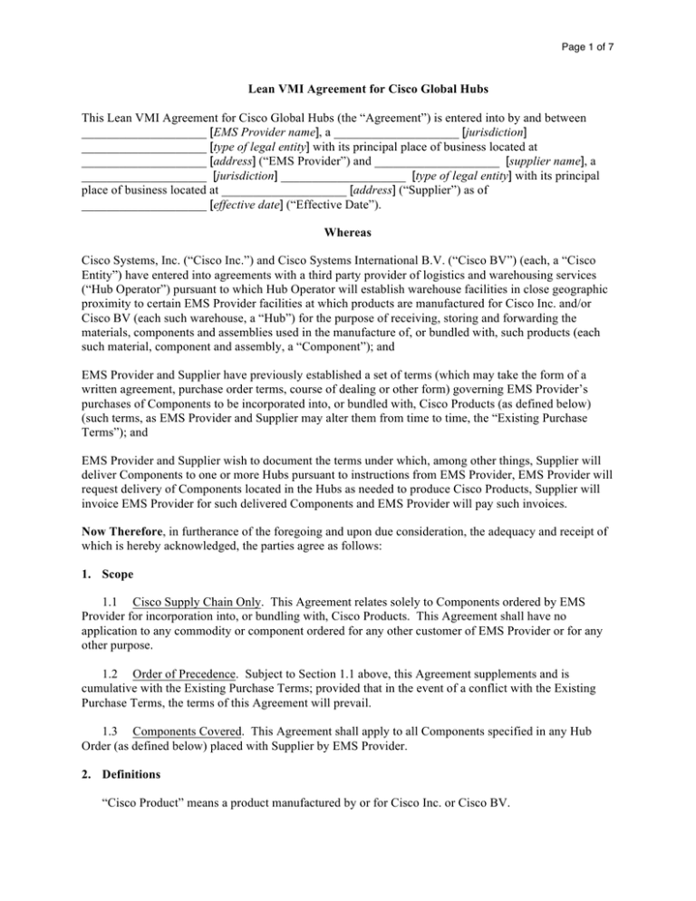 Lean VMI Agreement For Cisco Global Hubs EMS Provider Name