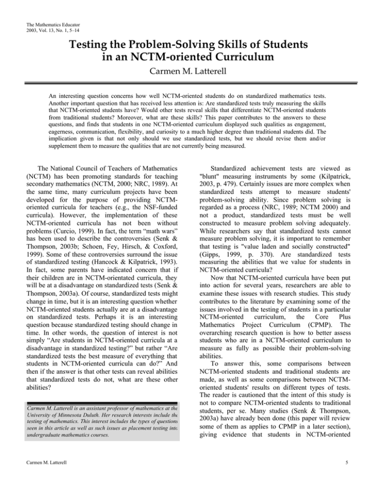 Testing The Problem Solving Skills Of Students In An NCTM oriented
