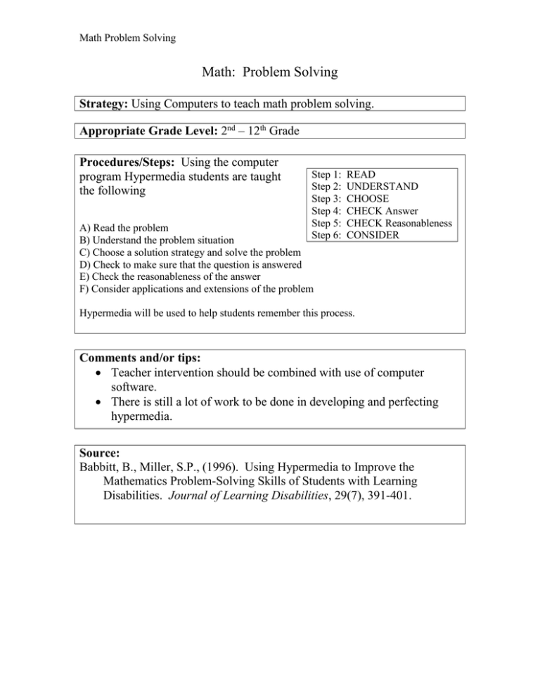 Math Problem Solving Strategy Appropriate Grade Level 
