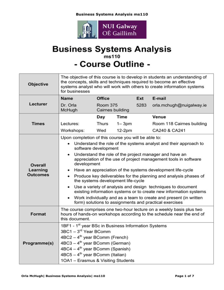 Business Systems Analysis Course Outline Ms110 Business Systems Analysis Course Outline Ms110