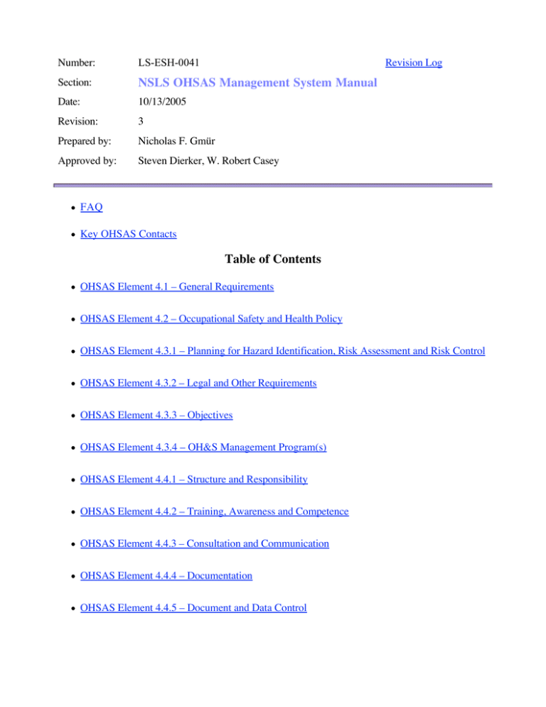 NSLS OHSAS Management System Manual