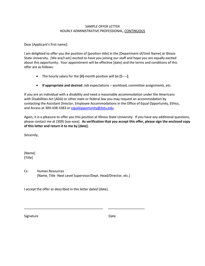 SAMPLE OFFER LETTER HOURLY ADMINISTRATIVE PROFESSIONAL CONTINUOUS Dear 