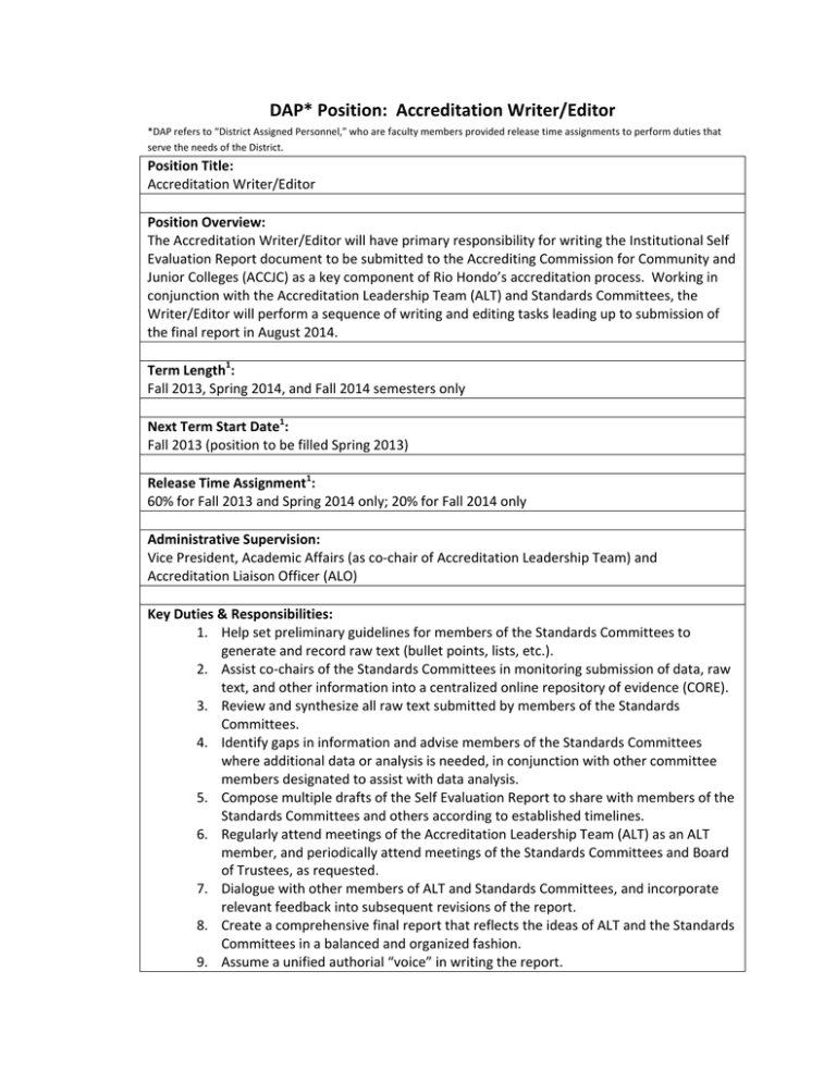 DAP* Position: Accreditation Writer/Editor