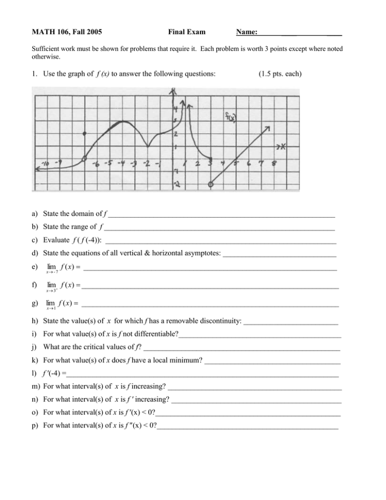 MATH 106 Fall 2005 Final Exam Name 