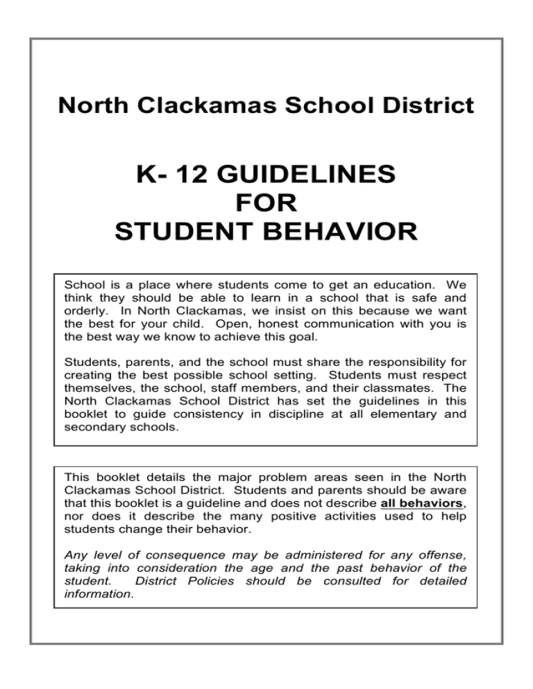 K 12 GUIDELINES FOR STUDENT BEHAVIOR K 12 GUIDELINES FOR STUDENT BEHAVIOR