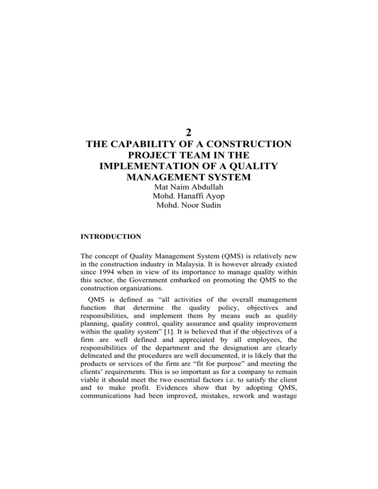 2 THE CAPABILITY OF A CONSTRUCTION PROJECT TEAM IN THE