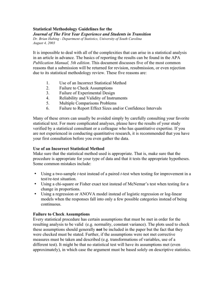 Statistical Methodology Guidelines For The