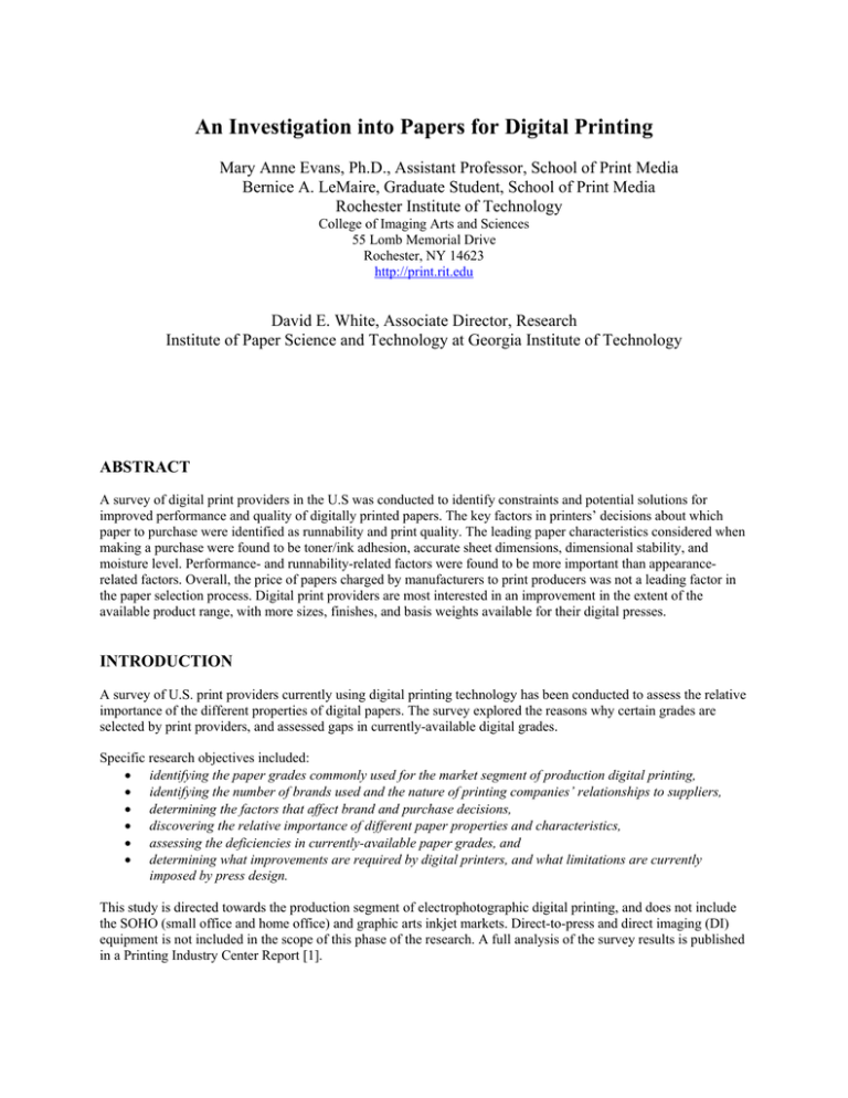 An Investigation into Papers for Digital Printing