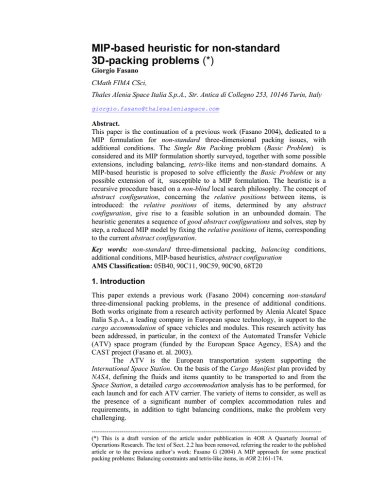 MIP-based heuristic for non-standard 3D-packing problems (*)