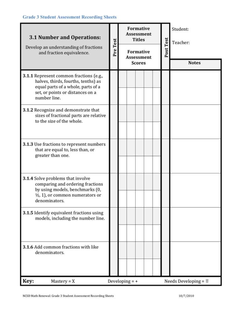 Grade 3 Student Assessment Recording Sheets Grade 3 Student Assessment Recording Sheets