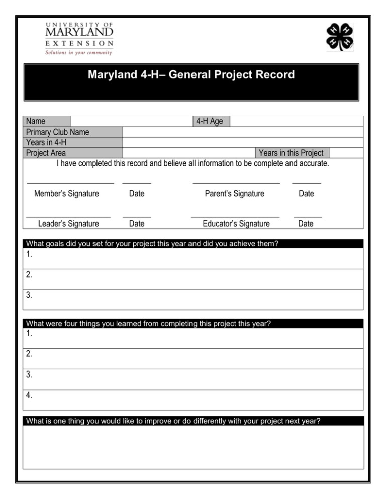 General Project Record Sheet