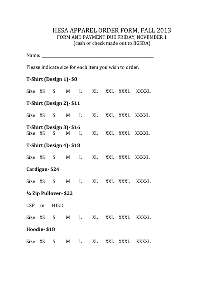 HESA Apparel Order Form