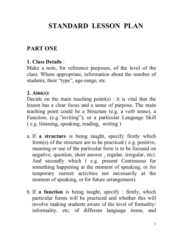 STANDARD LESSON PLAN PART ONE