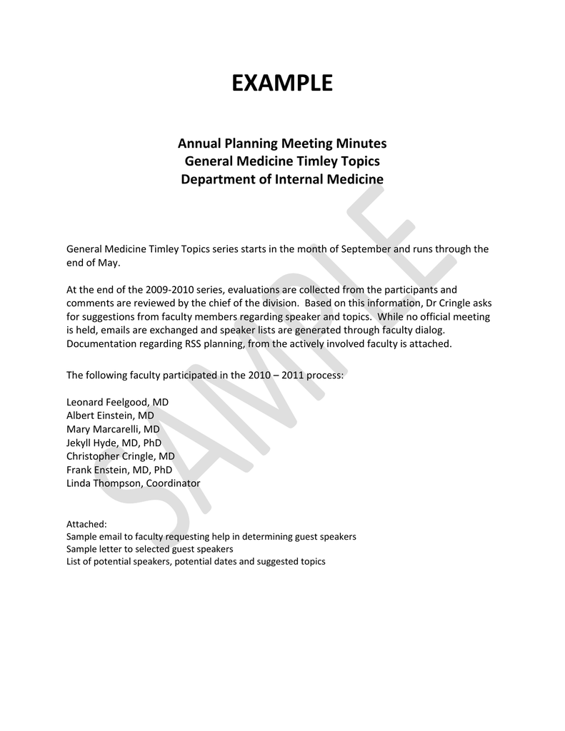 EXAMPLE Annual Planning Meeting Minutes General Medicine Timley Topics
