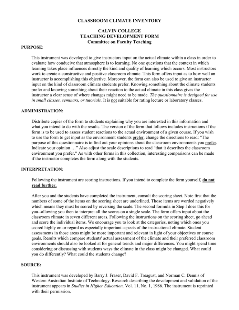 Download A Copy Of The Classroom Climate Inventory