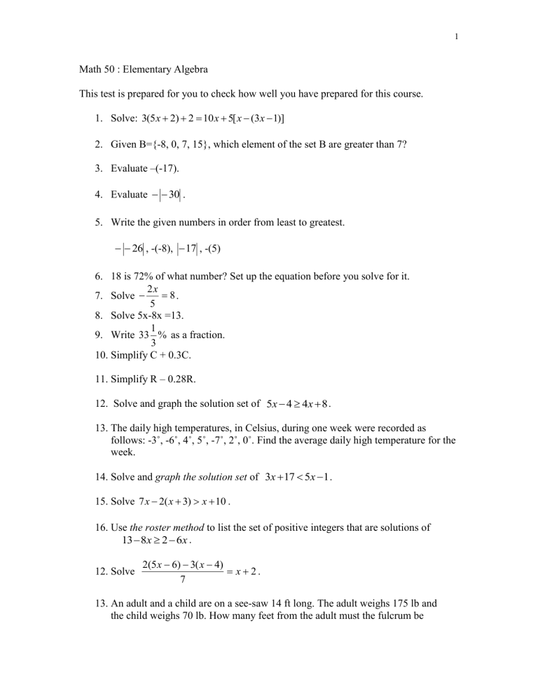 Math 50 Elementary Algebra Math 50 Elementary Algebra