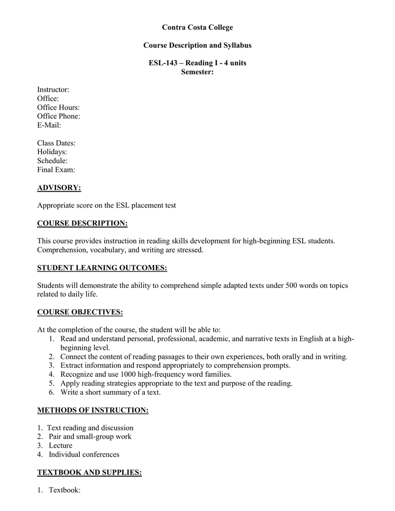 ESL 143 Sample Syllabus
