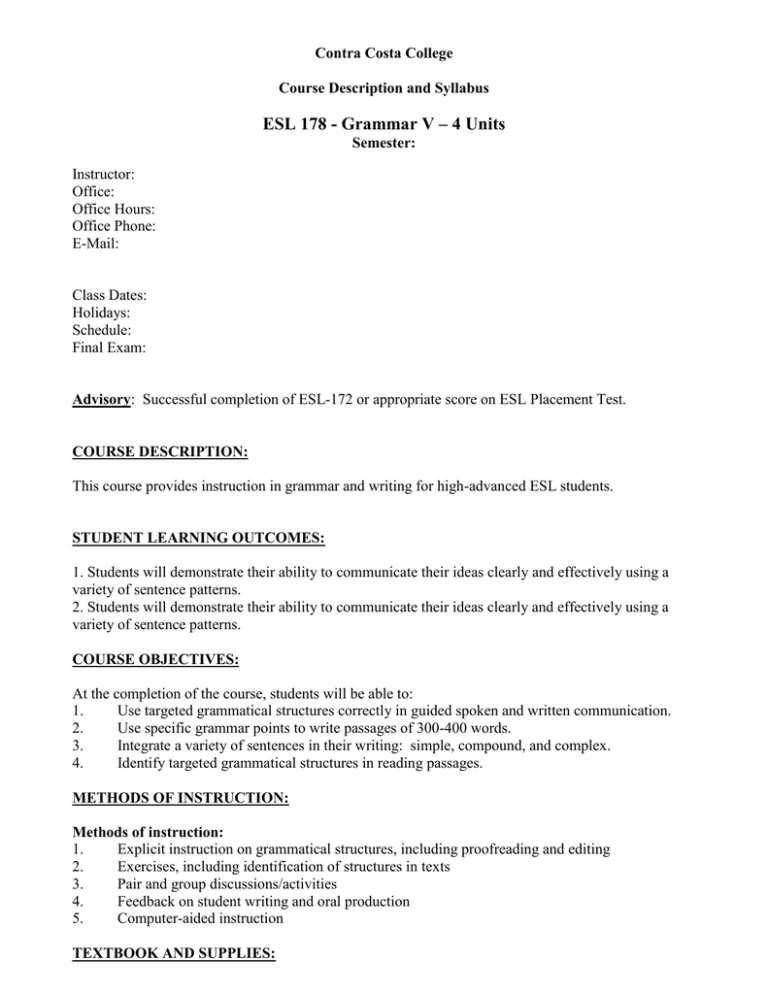 ESL 178 Sample Syllabus