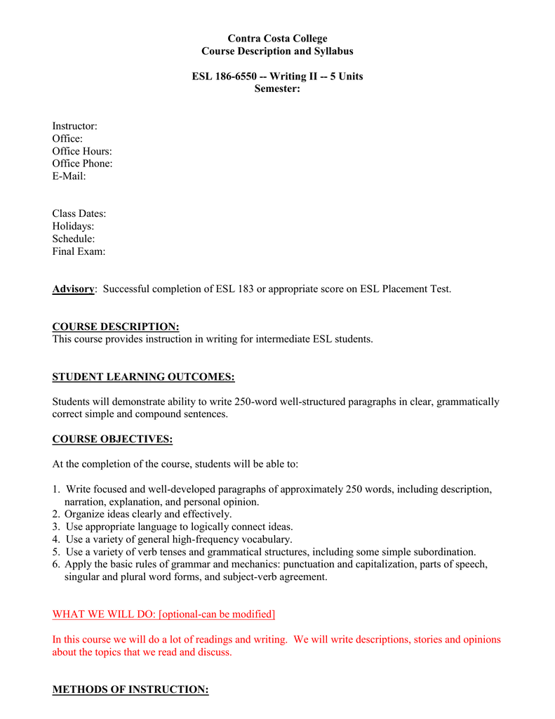 ESL 186 Sample Syllabus