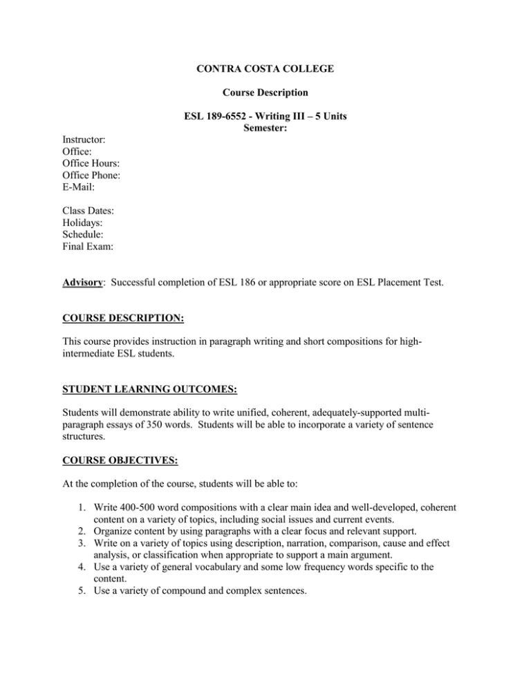 ESL 189 Sample Syllabus
