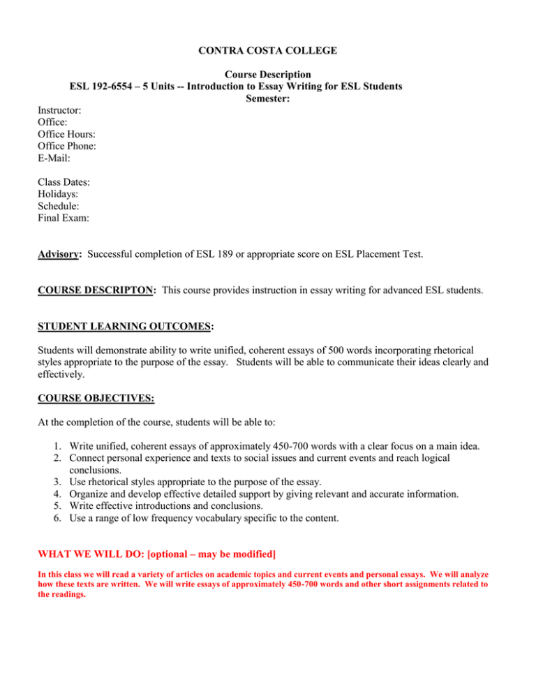 ESL 192 Sample Syllabus
