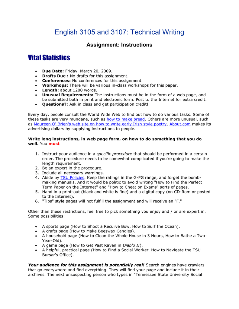 English 3105 And 3107 Technical Writing Vital Statistics Assignment Instructions