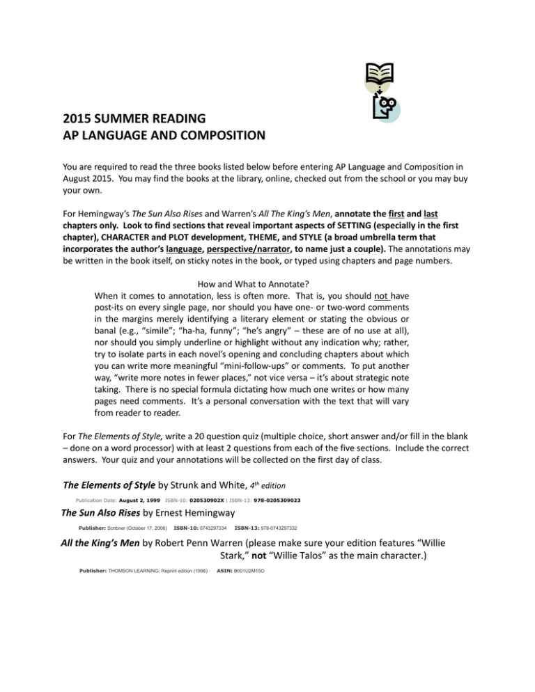 2015 11th Grade AP Language And Composition Summer Reading