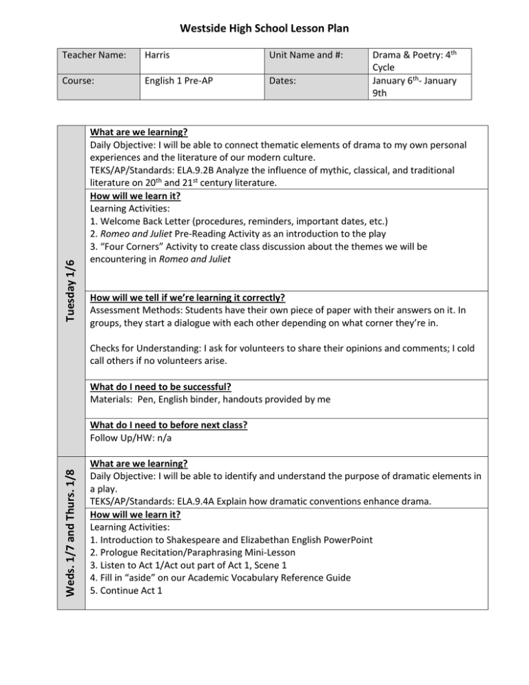 Pre AP Week 1 Lesson Plan Pre AP Week 1 Lesson Plan