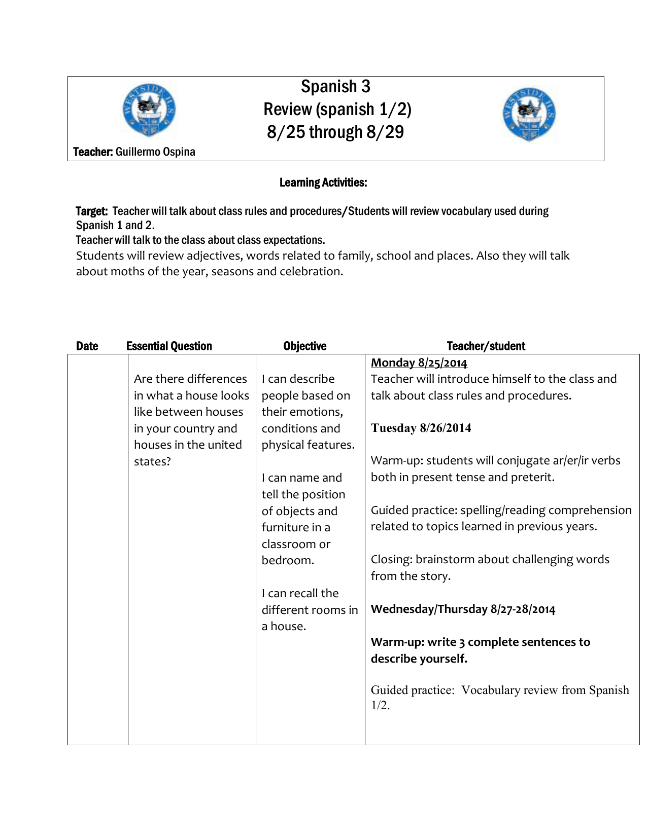 Lesson Plan Spanish 3 First Week Lesson Plan Spanish 3 First Week