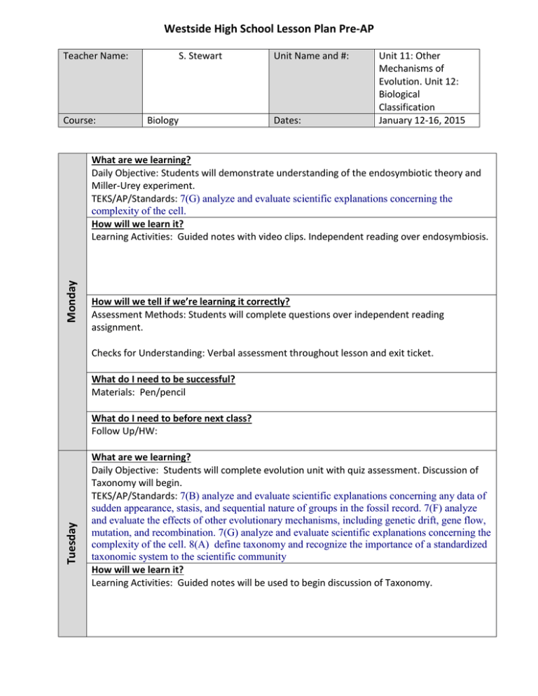 Pre AP Lesson Plan 1 12 1 16 Pre AP Lesson Plan 1 12 1 16