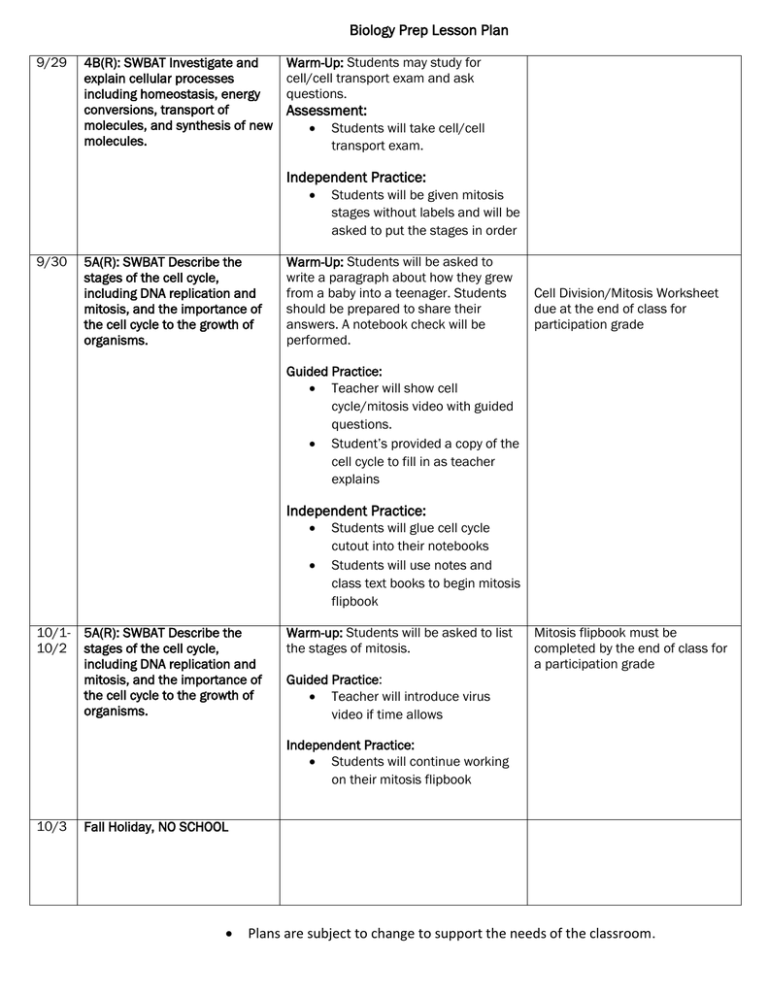 Biology Prep Lesson Plan