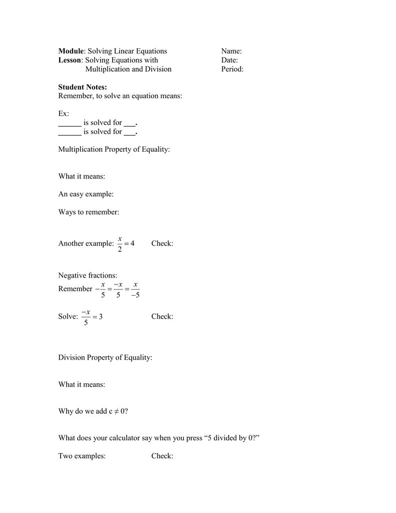 Student Notes Solving One Step Equations Using Multiplication And Division Student Notes Solving One Step Equations Using Multiplication And Division