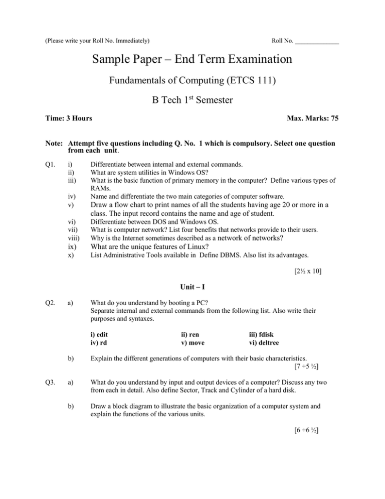Fundamentals Of Computing Sample Paper For First Semster Of B Tech