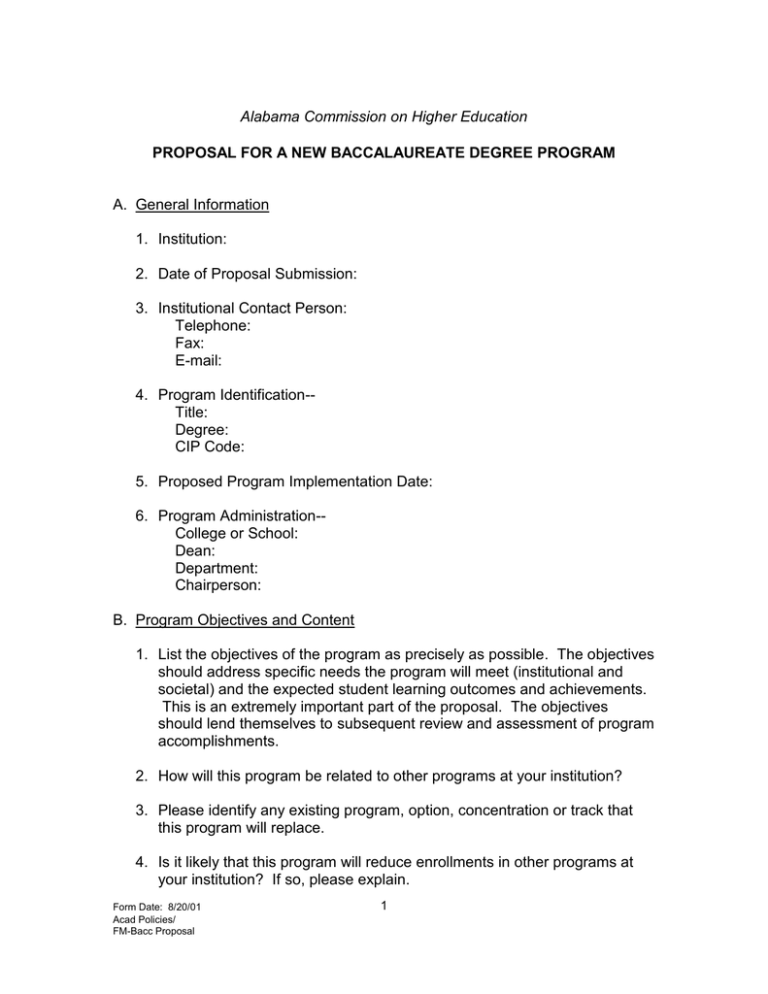 Proposal For A New Baccalaureate Degree Program Proposal For A New Baccalaureate Degree Program