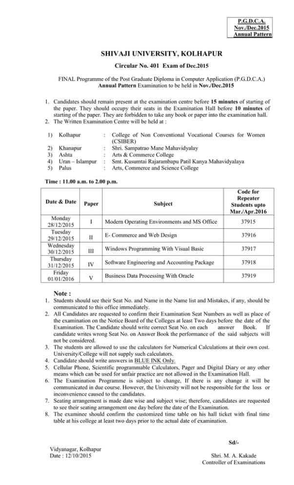 FINAL Programme Of The Post Graduate Diploma In Computer Application P