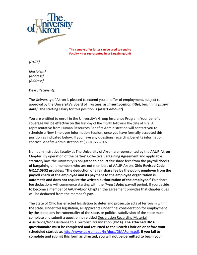 Offer Letter For Faculty Bargaining Member Offer Letter For Faculty Bargaining Member