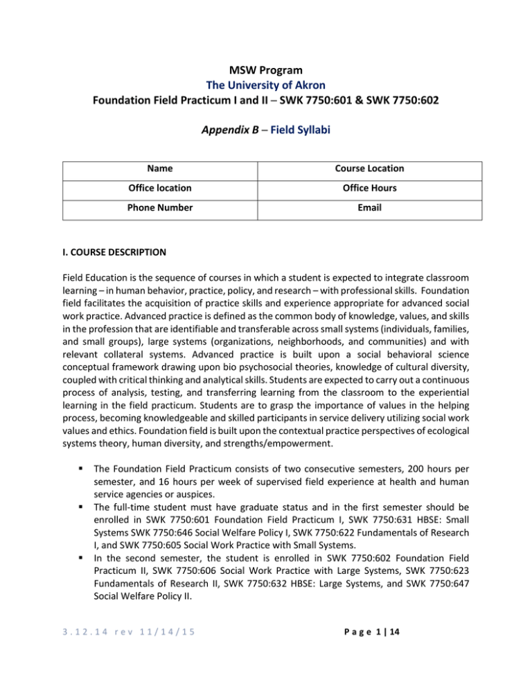 MSW Foundation Field Education Syllabus MSW Foundation Field Education Syllabus