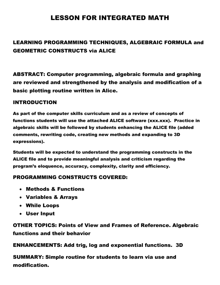LESSON FOR INTEGRATED MATH LESSON FOR INTEGRATED MATH