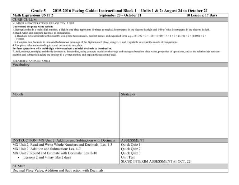 Grade 5 Pacing Guide Block 1Unit 2 Grade 5 Pacing Guide Block 1Unit 2