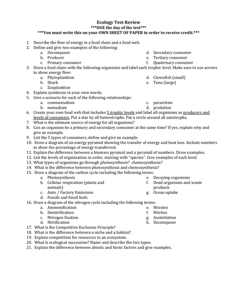 Ecology Test Review Ecology Test Review