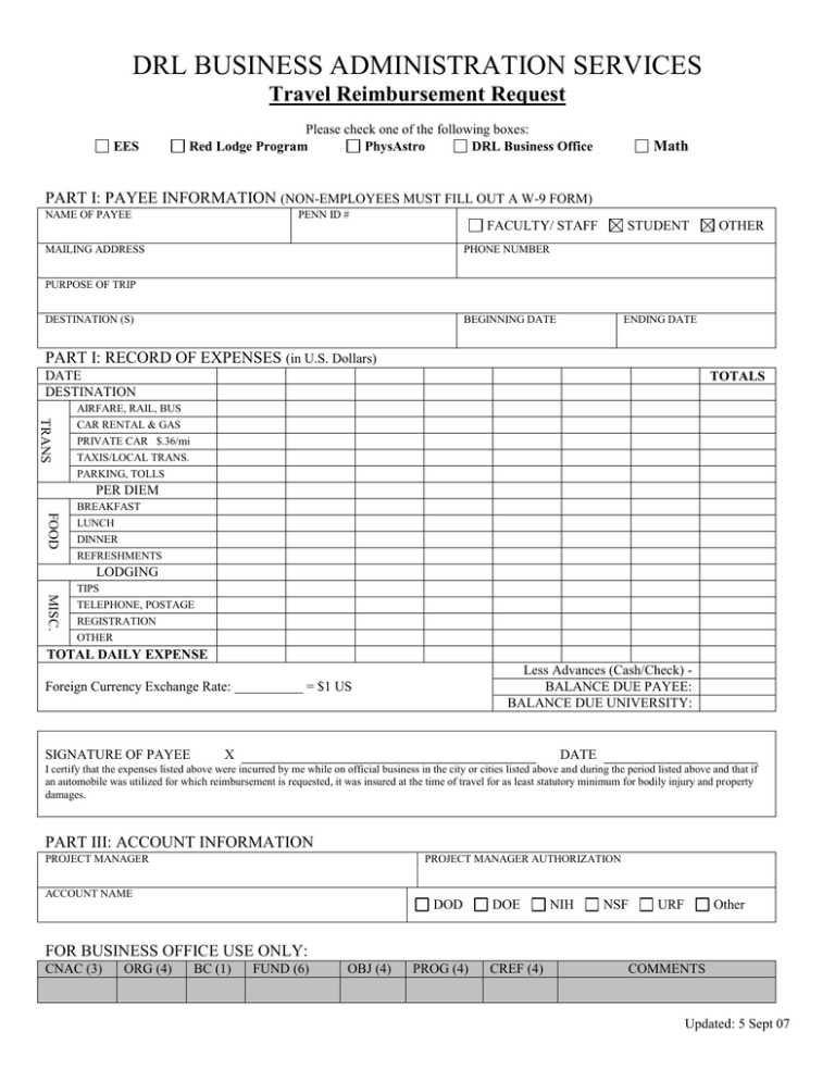Travel Reimbursement Form Travel Reimbursement Form